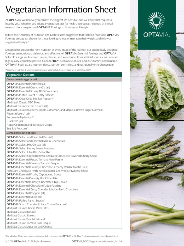 OPTAVIA Vegetarian Info Sheet | PDF | Nutrition | Diet & Nutrition