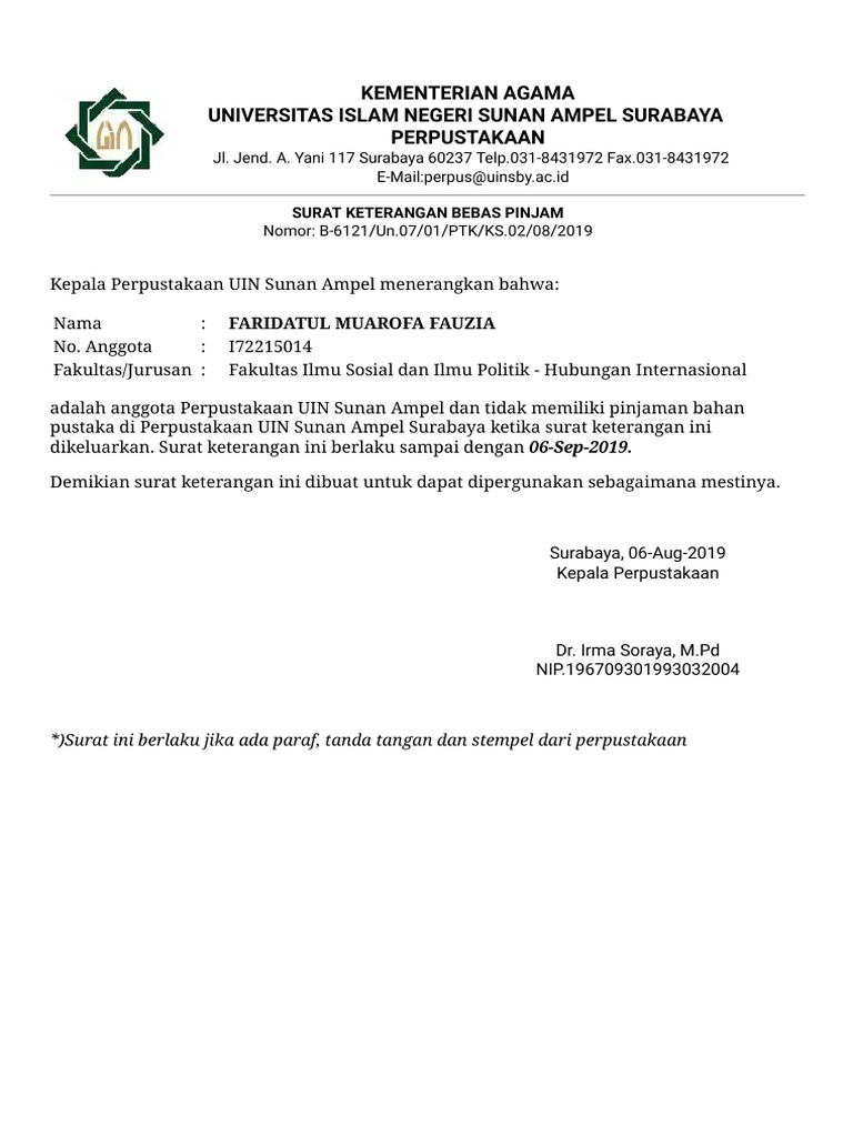 Surat Keterangan Bebas Pinjam Perpus UIN | PDF
