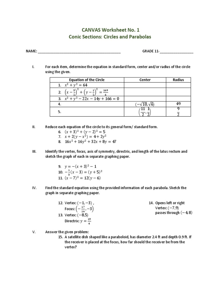 CANVAS Worksheet No. 1 Conic Sections: Circles and Parabolas | PDF