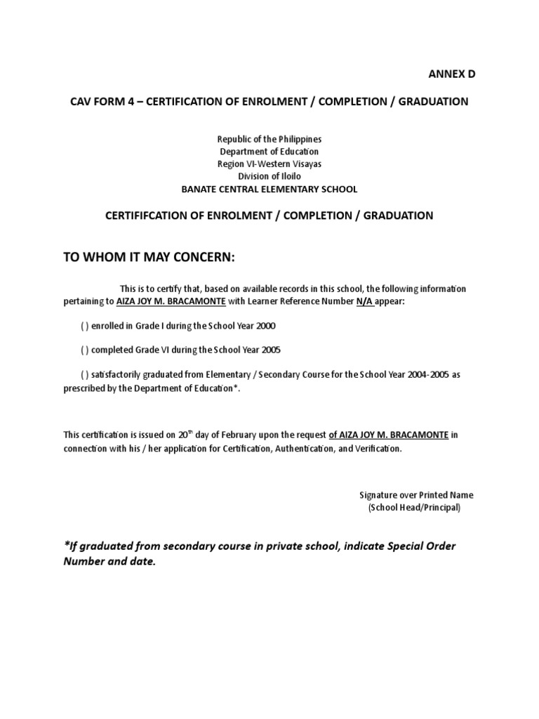 CAV Form 4: Enrollment Certification | PDF
