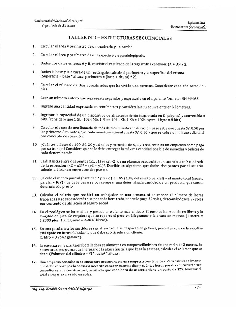 Taller 01 - Estructuras Secuenciales | PDF