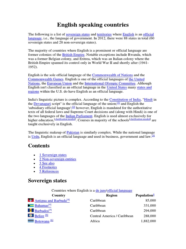 English Speaking Countries: Country Region Population | PDF | Oceania ...
