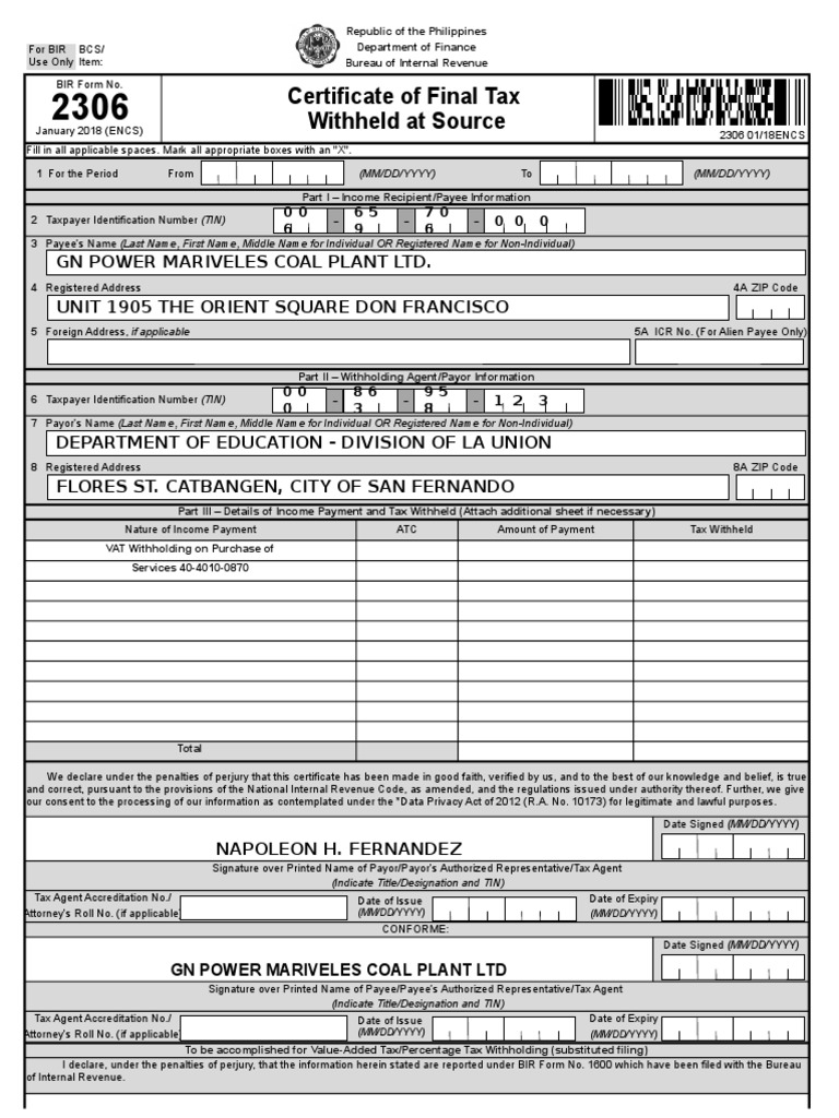 BIR Form 2306: VAT Withholding Details | PDF | Withholding Tax ...