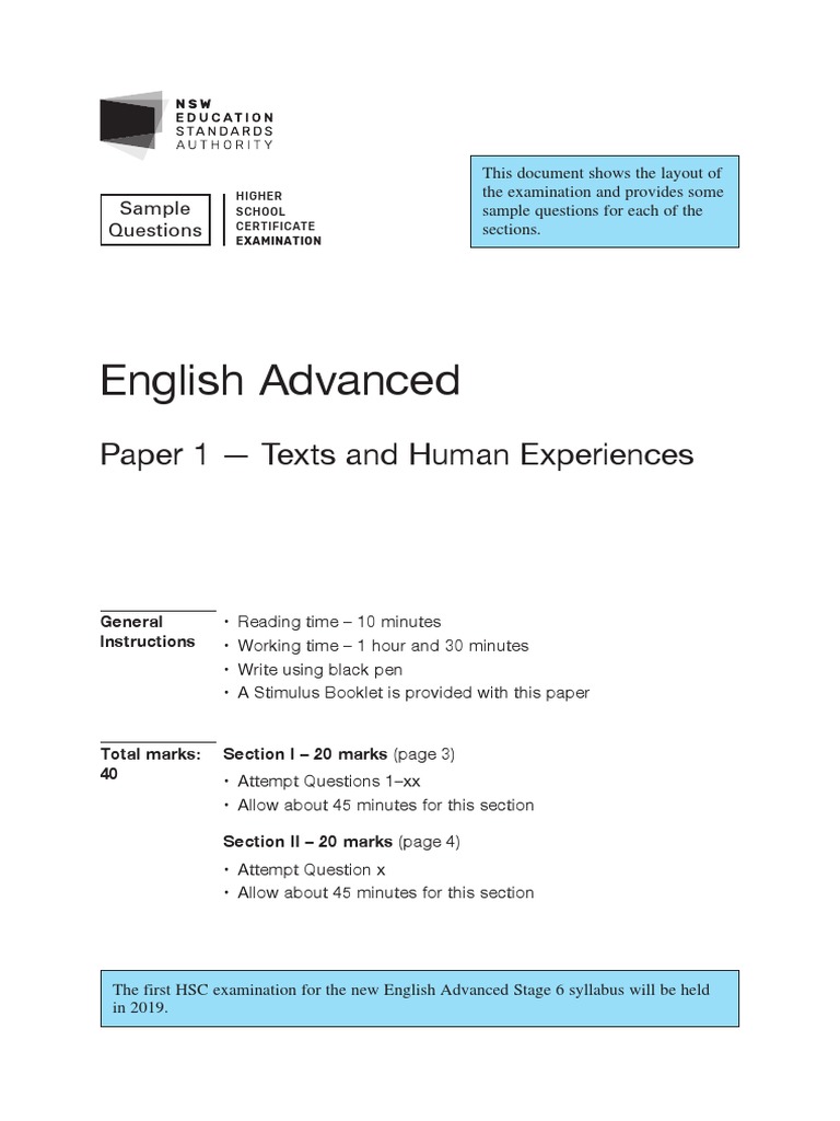 Sample Questions New HSC English Adv Paper 1 Exam 2019 | PDF ...