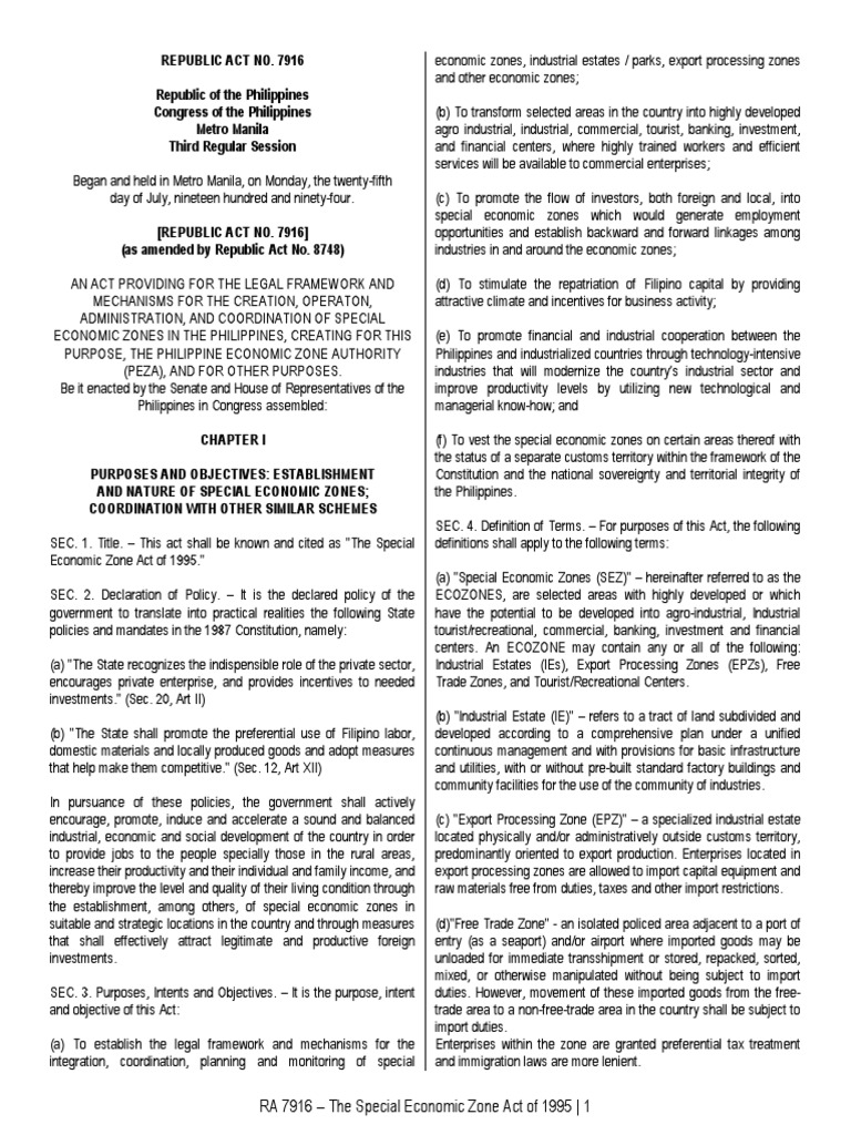 RA 7916 - The Special Economic Zone Act of 1995 | PDF | Board Of ...