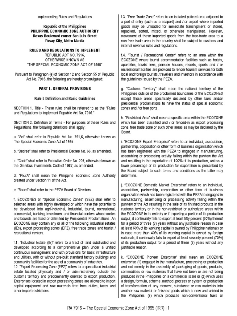 RA 7916 - The Special Economic Zone Act of 1995 (IRR) | PDF ...