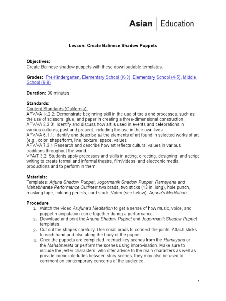 Lesson: Create Balinese Shadow Puppets | PDF