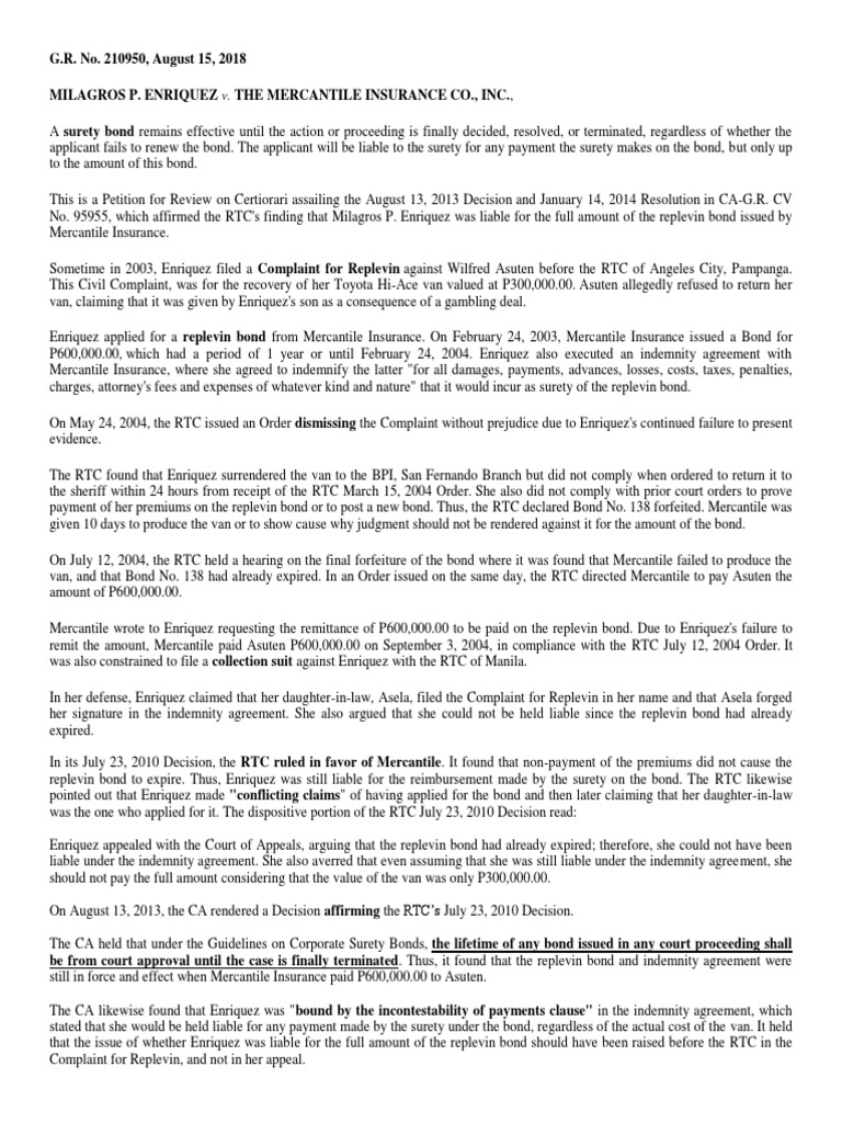 Surety bond liability in replevin case | PDF | Surety Bond | Lawsuit