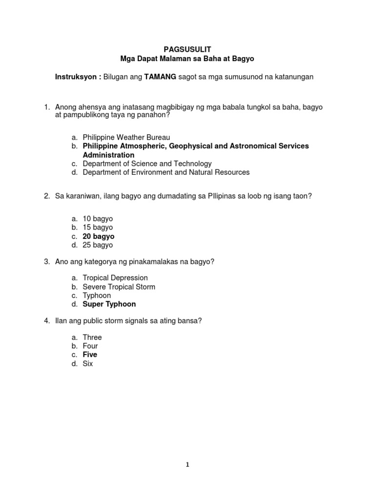 Pagsusulit Mga Dapat Malaman Sa Bagyo at Baha 1 | PDF