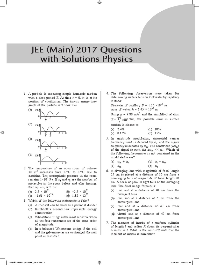 Jee Main Physics Paper 2017. - CB1198675309 | PDF | Torque | Wavelength