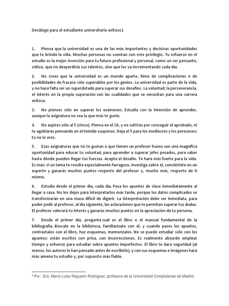 Decálogo del estudiante universitario exitoso | PDF