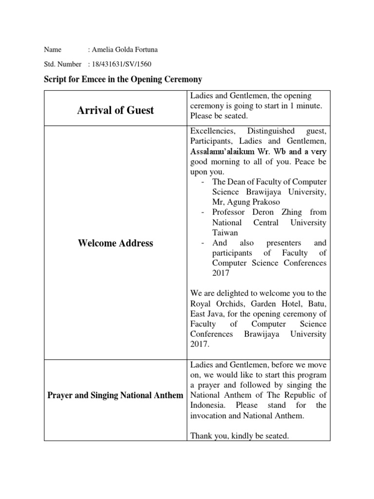 Arrival of Guest: Script For Emcee in The Opening Ceremony | PDF