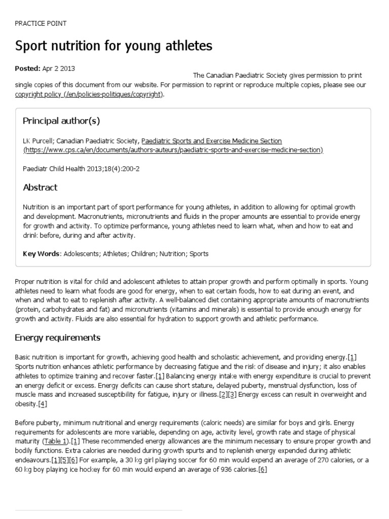 Sport Nutrition For Young Athletes - Canadian Paediatric Society | PDF ...