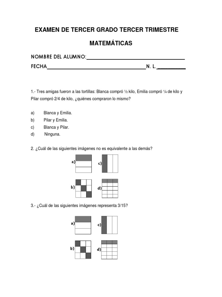 Examen de Tercer Grado Tercer Trimestre Matemáticas | PDF | Agitación