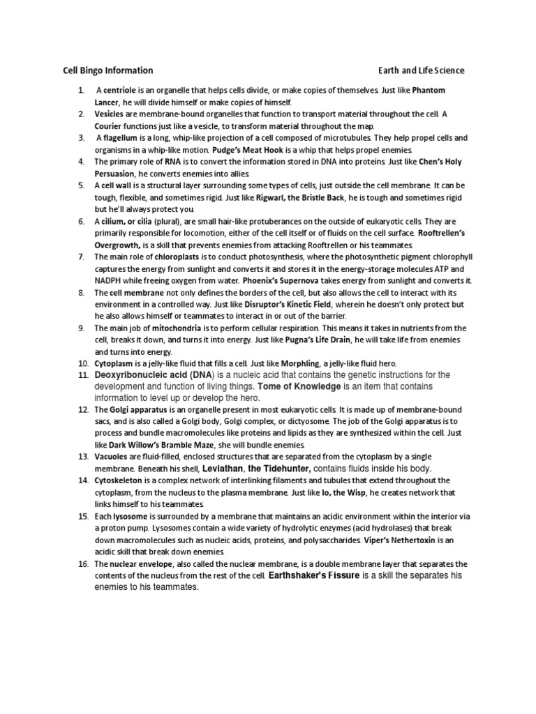 Cell Bingo | PDF | Cell (Biology) | Cell Membrane