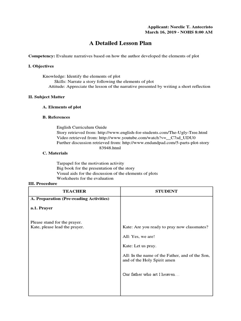 Engish Lesson Plan (Detailed) | PDF | Plot (Narrative) | Lesson Plan
