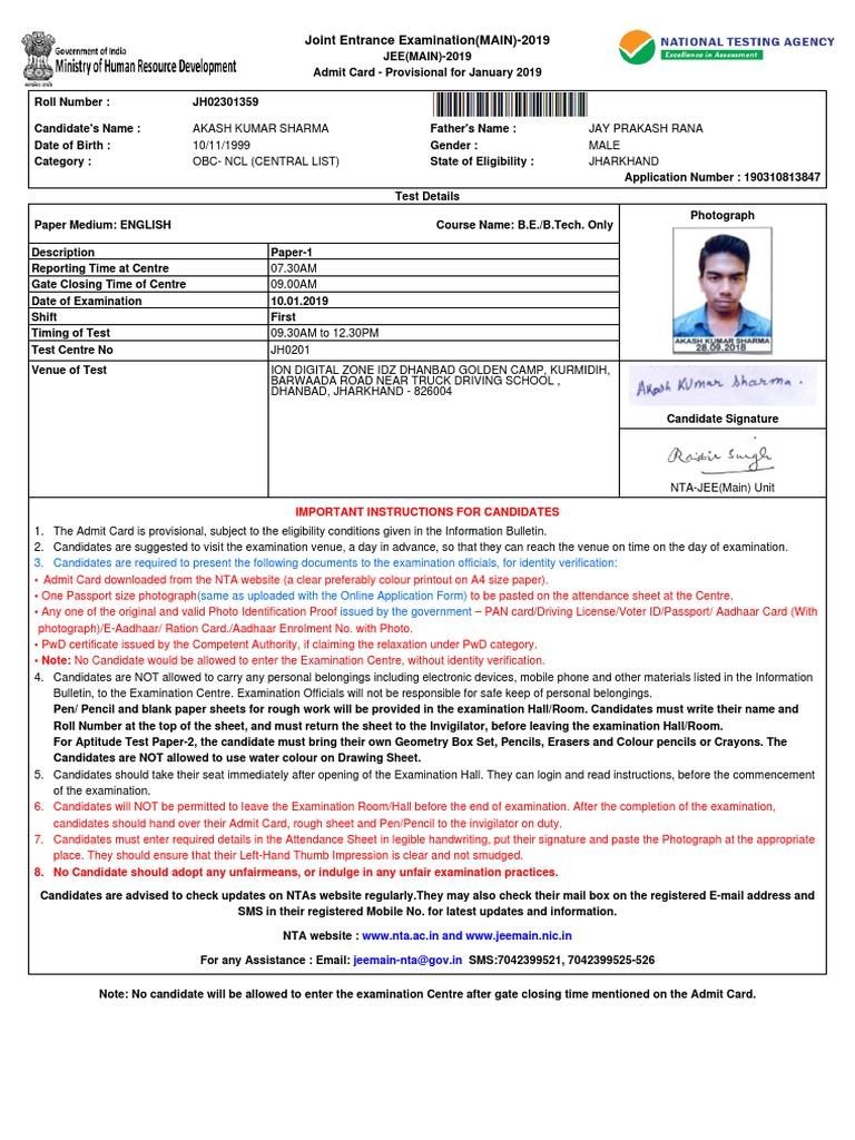 Joint Entrance Examination (MAIN) - 2019: Important Instructions For ...