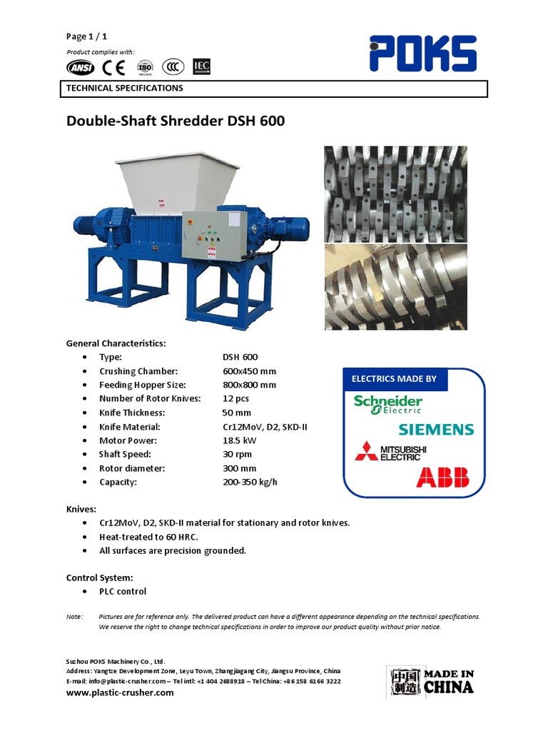 Double-Shaft Shredder DSH 600: Technical Specifications | PDF