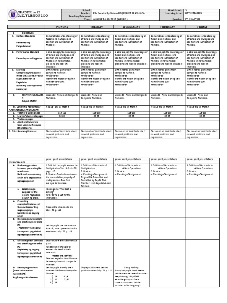 Grade 4 Math DLL: Q2 Week 1 | PDF | Fraction (Mathematics) | Teaching ...