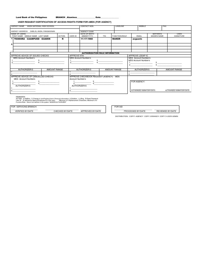 User Request/Certification of Access Rights Form For Emds (For Agency ...