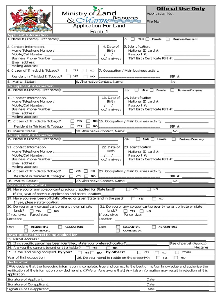 Application For Land Form 1: Official Use Only | Download Free PDF ...
