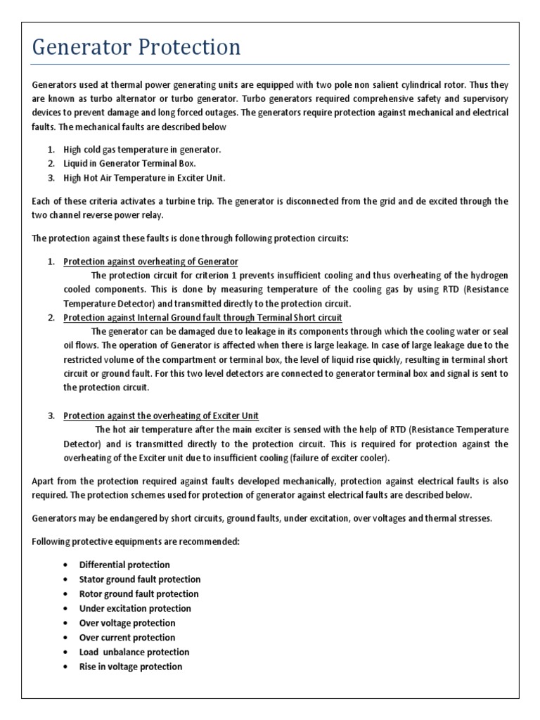 Generator Protection | PDF | Electric Generator | Relay