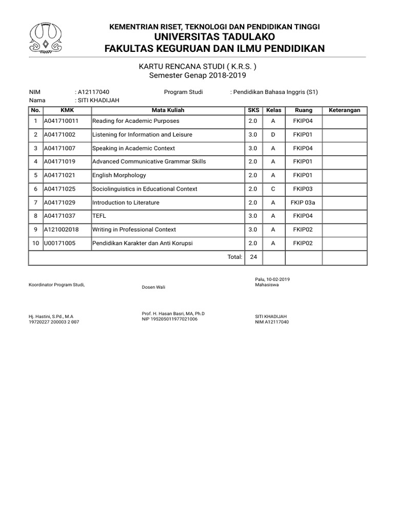 Course Registration Card (KRS) for Siti Khadijah, an English Education ...