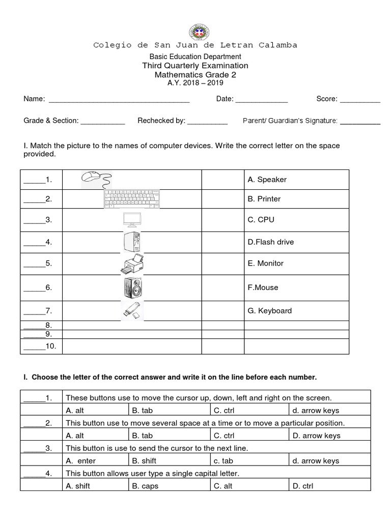 Colegio de San Juan de Letran Calamba: Third Quarterly Examination Mathematics Grade 2 ...