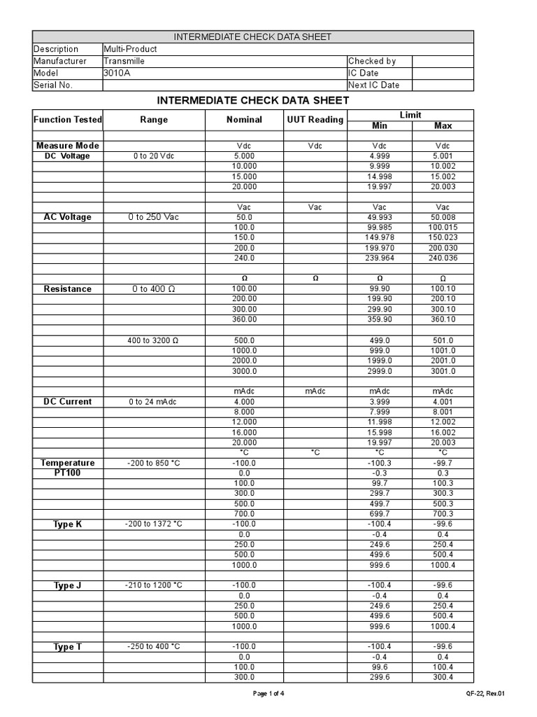 Calibration Datasheet Fro Multi Product Calibrator 3010 Transmille ...
