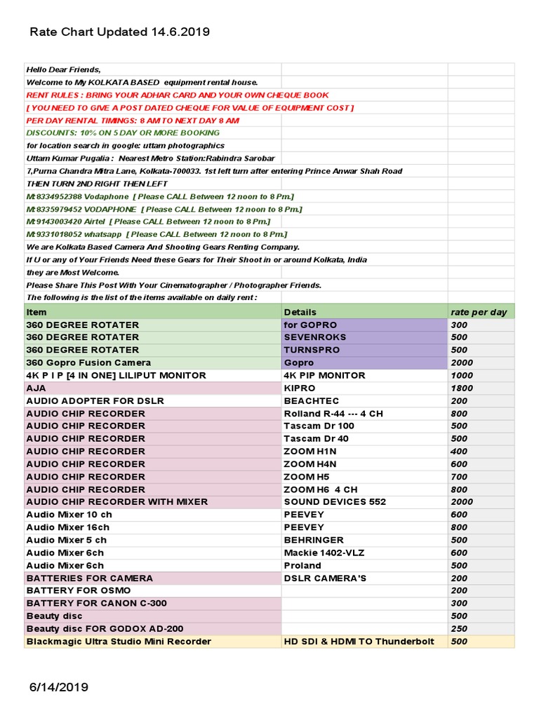 Rate Chart Updated 14.6.2019 | PDF | Photography Equipment | Optical ...