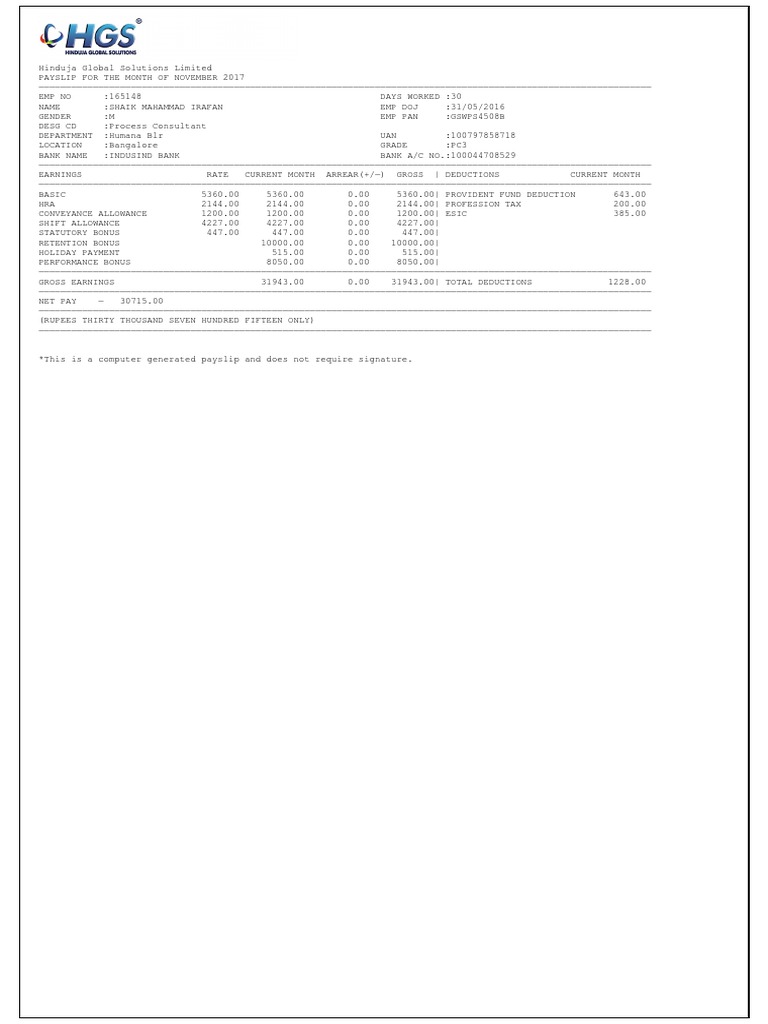HGS November 2017 Payslip Details | PDF | Government Finances | Taxes
