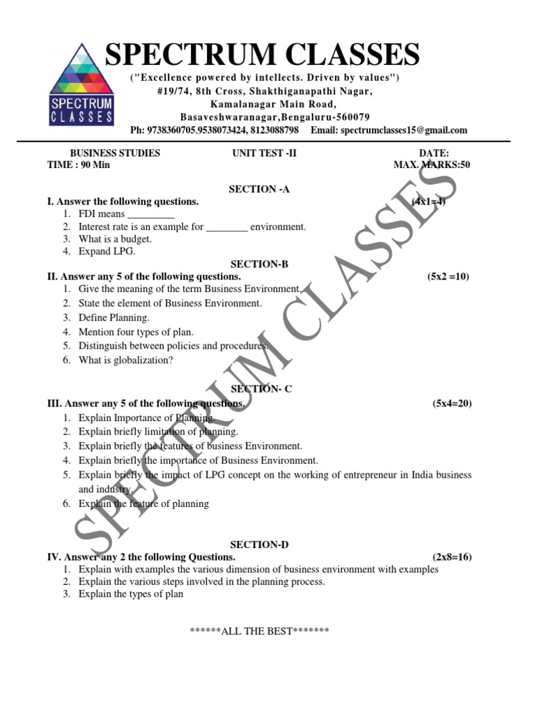 Spectrum Classes: Section - A I. Answer The Following Questions. (4x1 4 ...