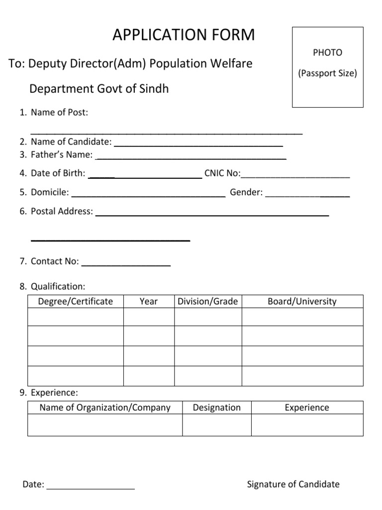 Application Form: To: Deputy Director (Adm) Population Welfare ...