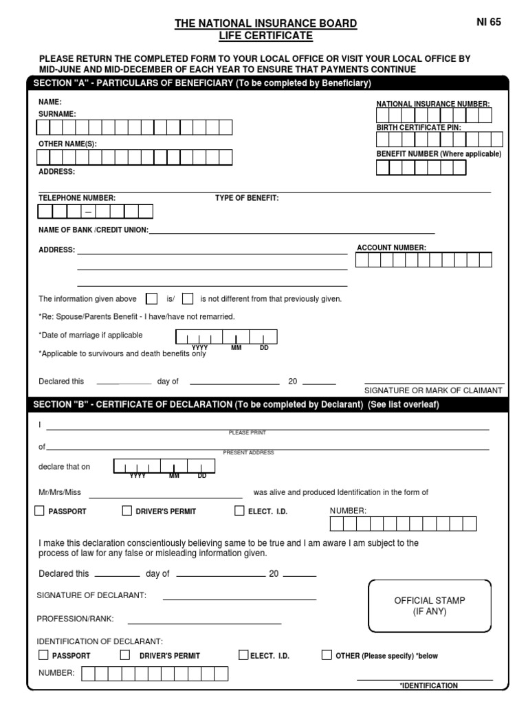OLD NI 65 Life Certificate Form - Amended | PDF | Identity Document ...