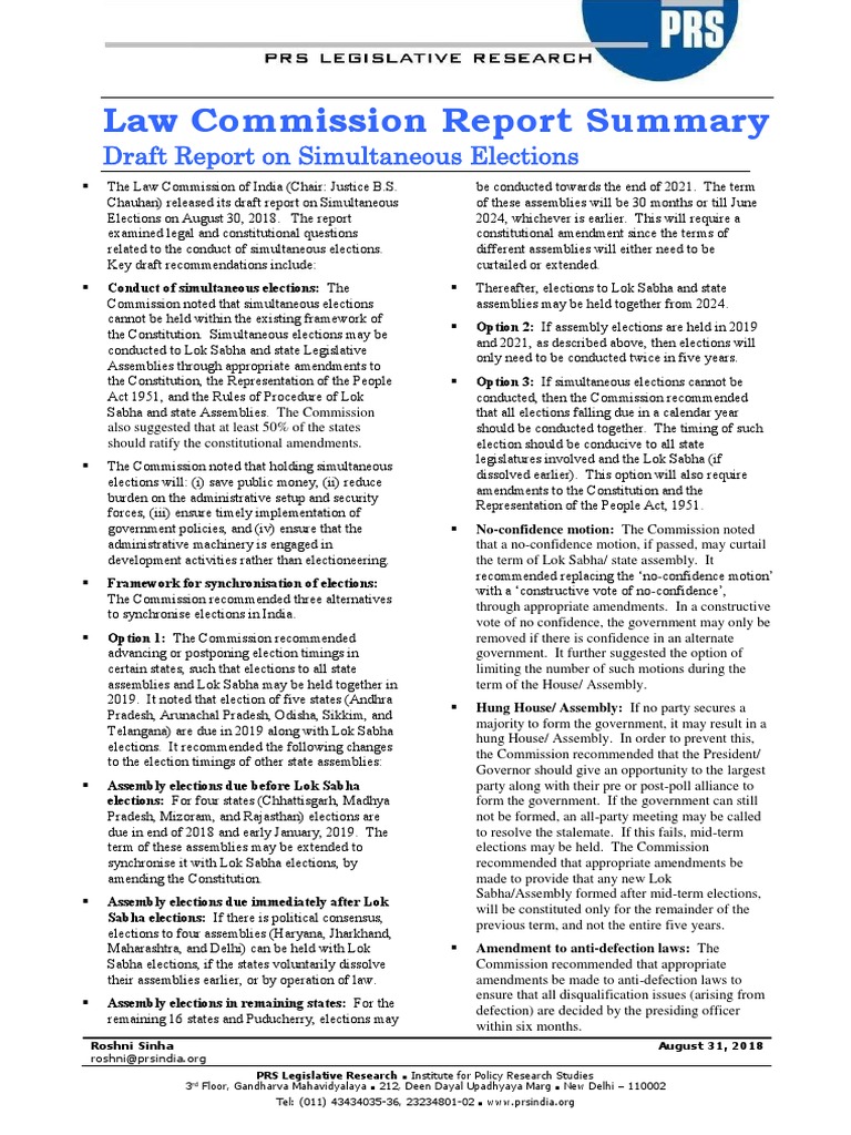 Law Commission Report Summary: Draft Report On Simultaneous Elections ...