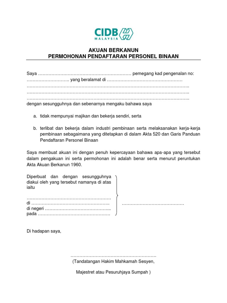 Akuan Berkanun CIDB PDF | PDF