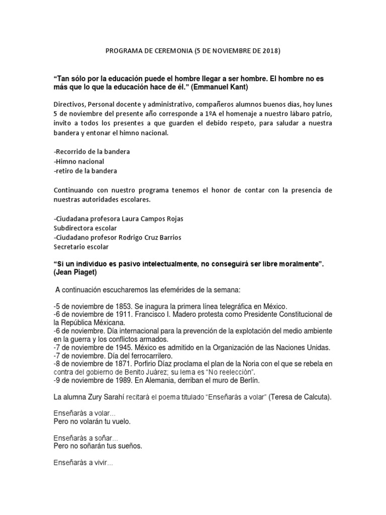 PROGRAMA de CEREMONIA Escolar 5 de Noviembre de 2018 | PDF | México | Alemania