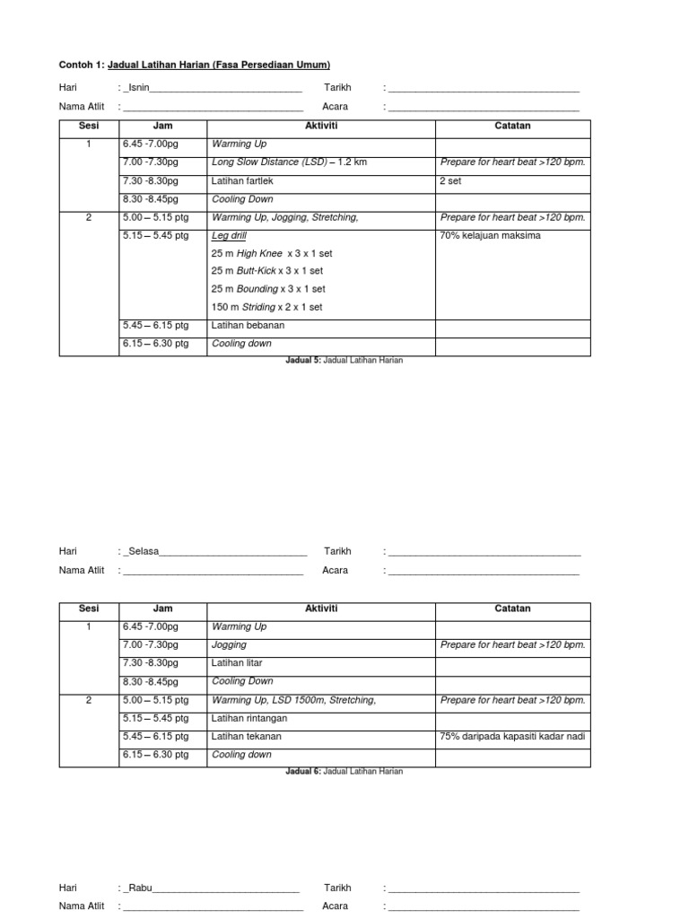 Contoh 1: Jadual Latihan Harian (Fasa Persediaan Umum) | PDF ...