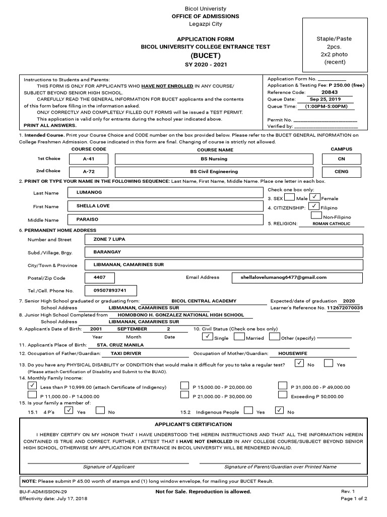 BUCET - Application Form | PDF