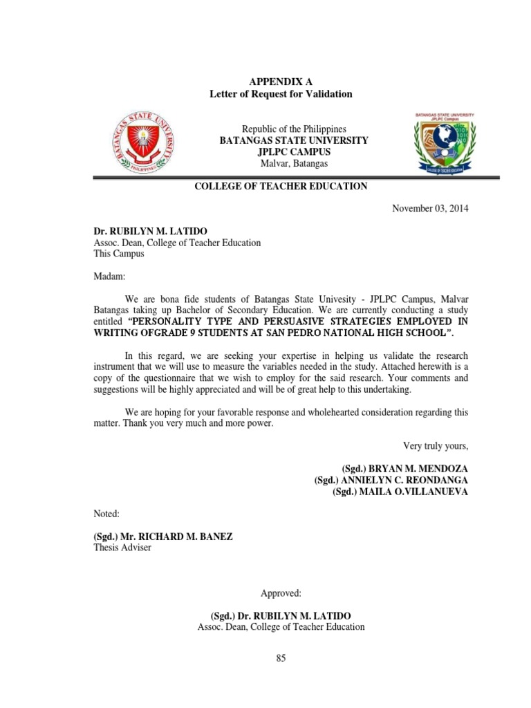 Appendix A Letter of Request For Validation | Download Free PDF ...