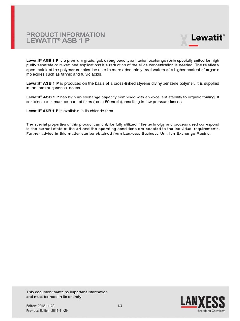 Lewatit Asb 1 P: Product Information | PDF | Ion Exchange | Chloride