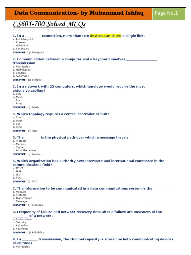 CS601 700 Solved MCQs by Ishfaq | PDF | Network Topology | Modulation