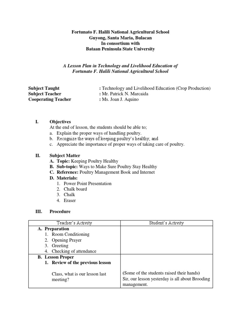 Lesson Plan in Poultry Production | PDF | Chicken | Animals And Humans