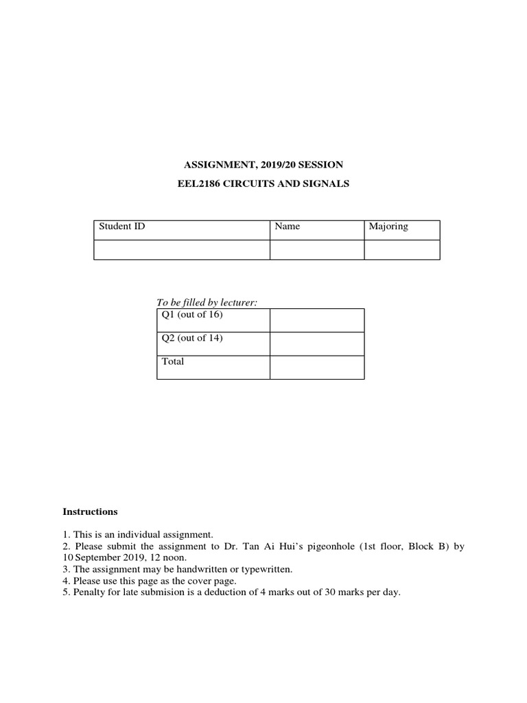 Assignment, 2019/20 Session Eel2186 Circuits and Signals: To Be Filled by Lecturer | PDF
