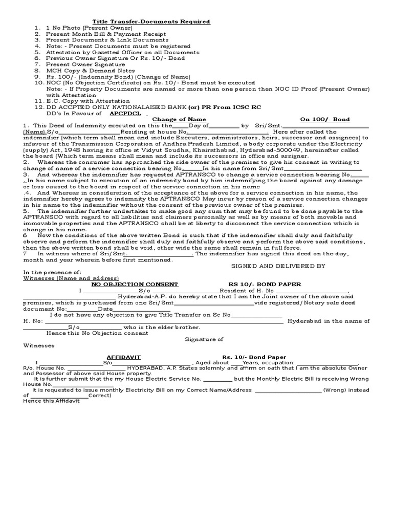 Indemnity Bond For Title Transfer | PDF | Deed | Law And Economics