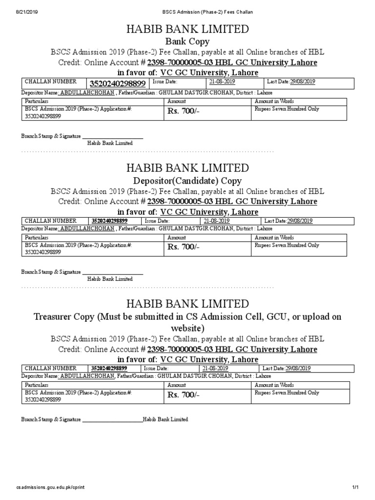 BSCS Admission (Phase-2) Fees Challan | PDF | Banks | Banking