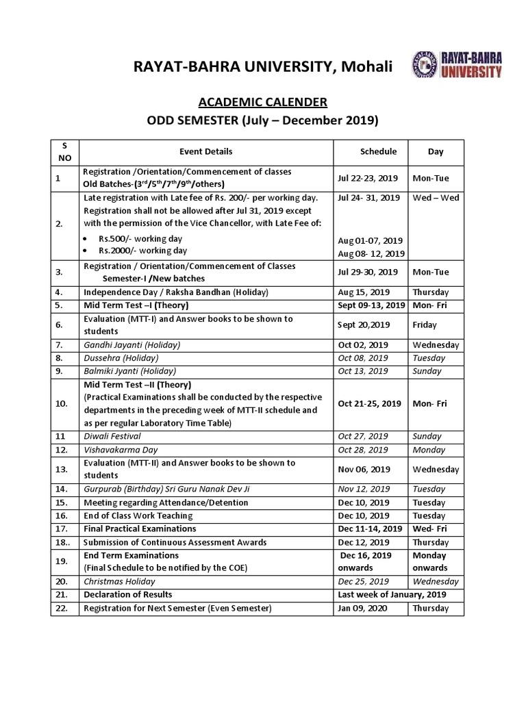 Academic Calender July - Dec 2019 | PDF | Academic Term | Academia