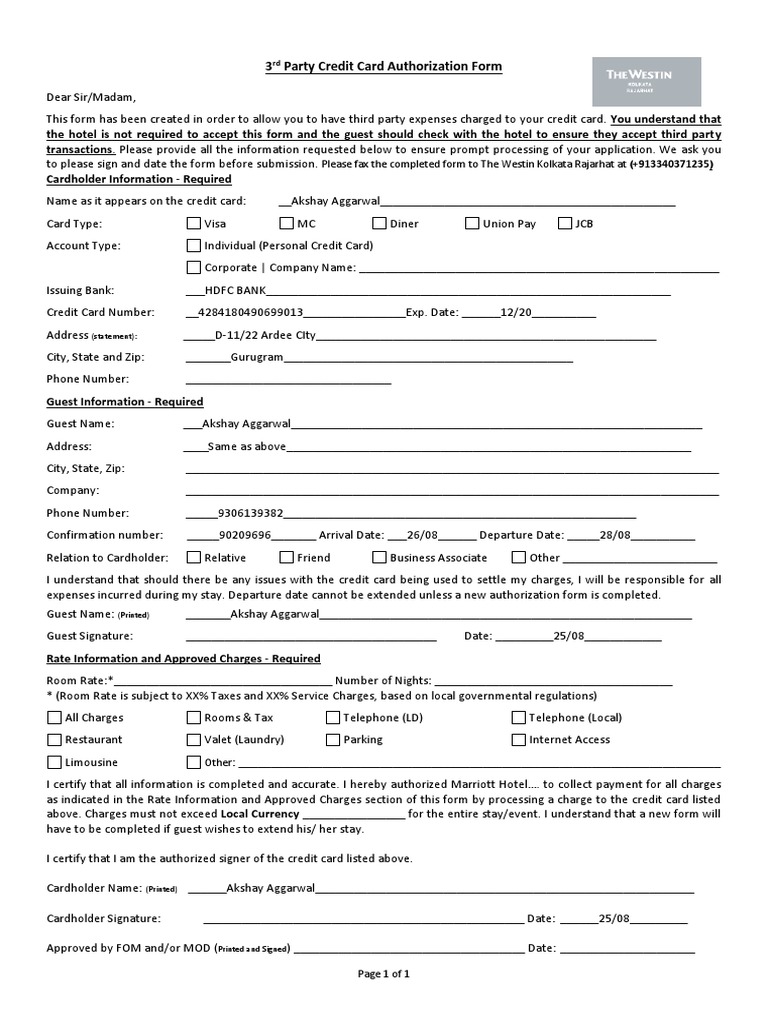 CC Auth Form-Completed | PDF | Credit Card | Payments