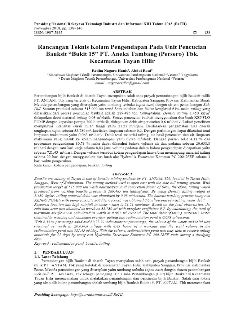 Rancangan Teknis Kolam Pengendapan Pada Unit Pencucian Bauksit Bukit 15 PT. Aneka Tambang ...