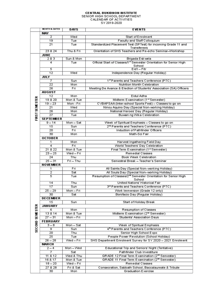 Senior High School Activities Calendar 2020 | PDF | Academic Term ...
